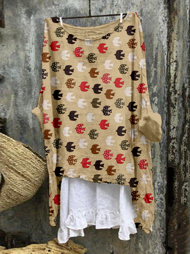Colorful Birds Japanese Patterns Print Linen Blend Tunic