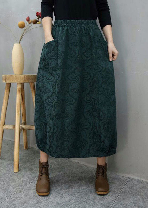 Bohemian Green Pockets Jacquard Cotton Skirts Winter - Ladylim