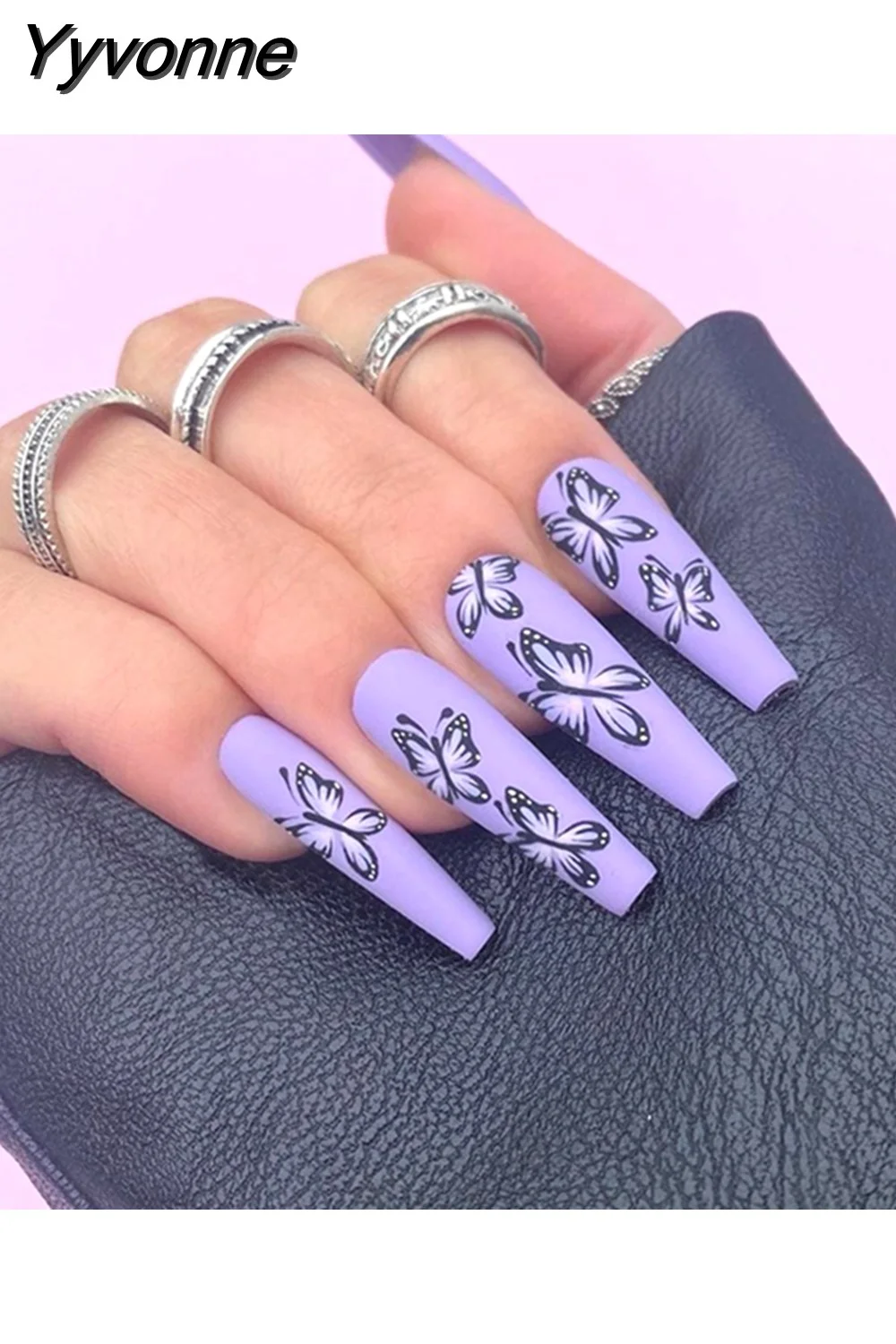 Yyvonne Rainbow Fake Nails With Designs Extra Long Coffin Ballerina