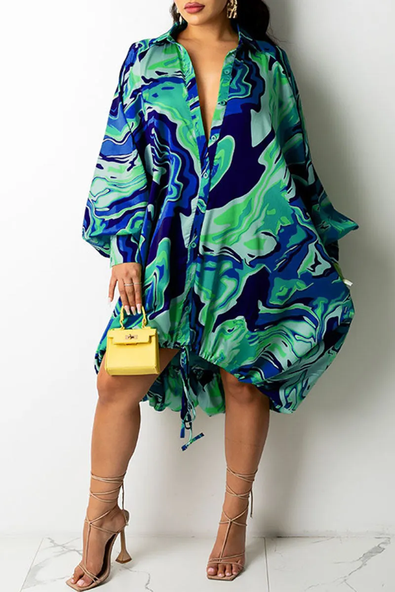 Sexy Print Draw String Asymmetrical Turndown Collar A Line Dresses