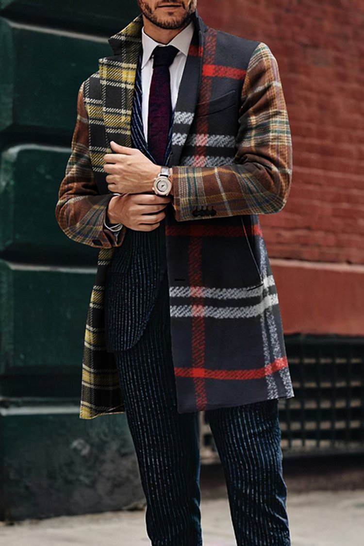 Classic Irregular Plaid Panel Wool Coat