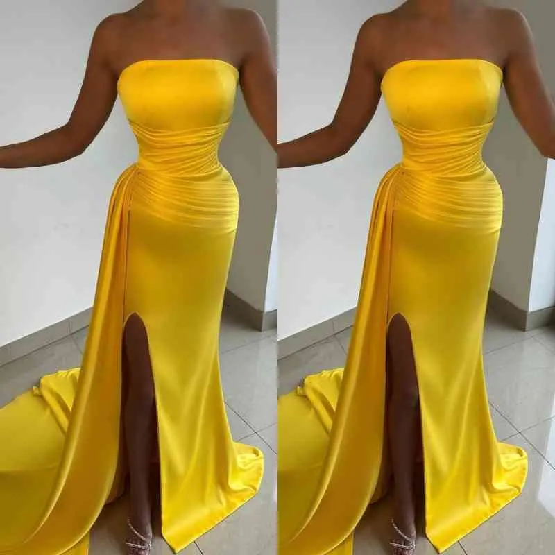 Miabel Stunning Strapless Yellow Slit Mermaid Prom Dress With Ruffles