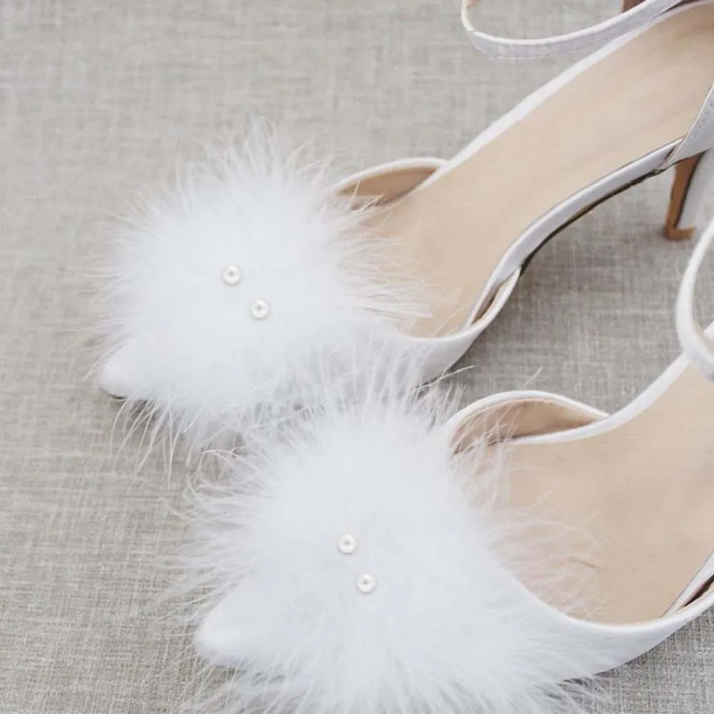 White Feather Pointed Toe Kitten Heel Ankle Strap Pumps for Wedding