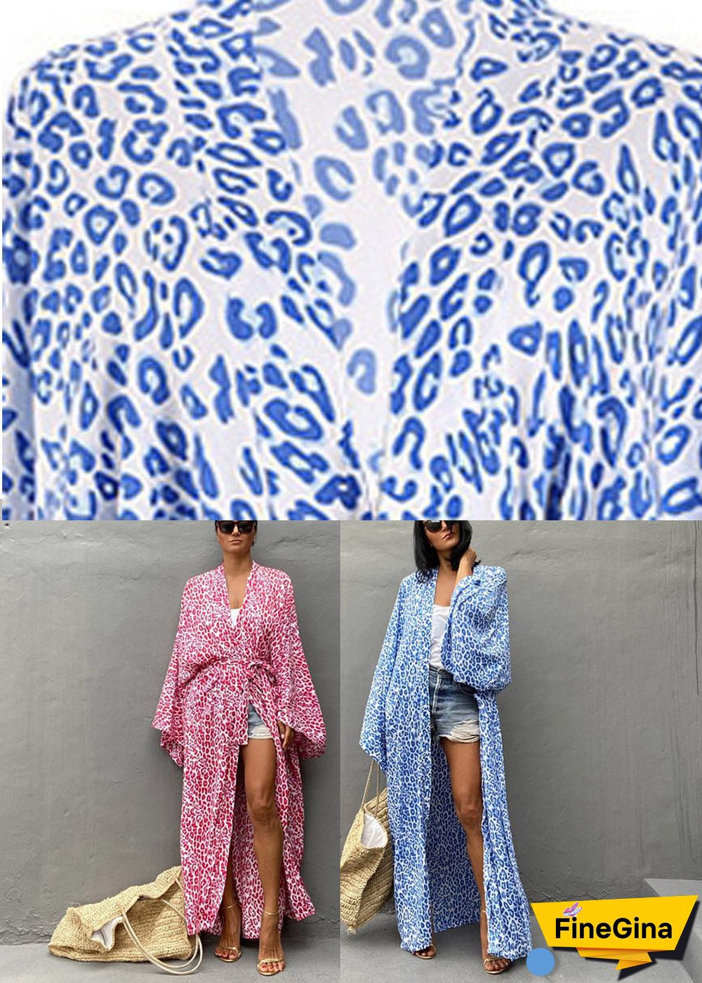 FineGina Pink V Neck Dot Tie Waist Cotton Maxi Beach Cardigans Long Sleeve