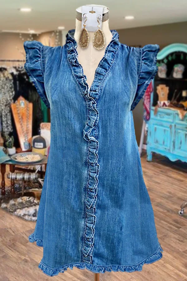Elegant V-Neck Ruffle Detailed Denim Dress