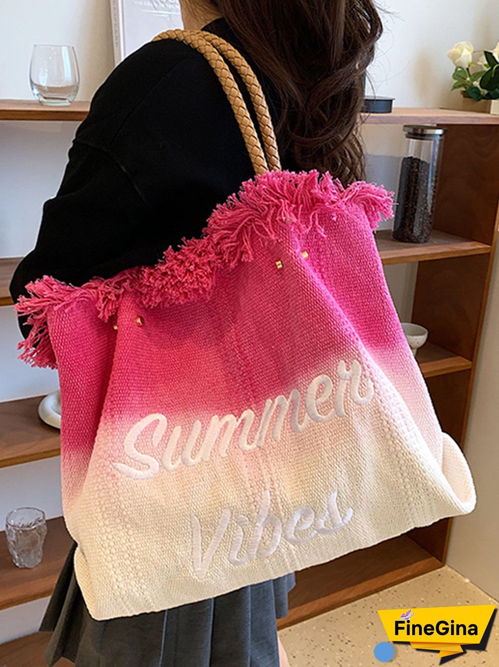 FineGina Vintage Fringed Gradient Canvas Bag