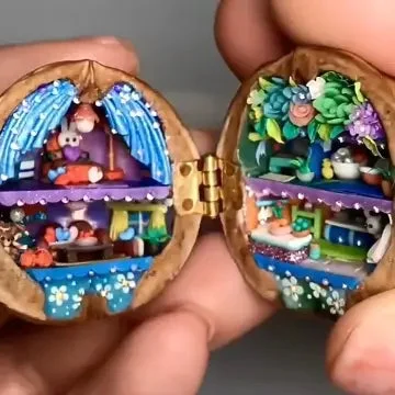 Handmade Walnut Shell Doll House--mini library, tiny World inside walnuts