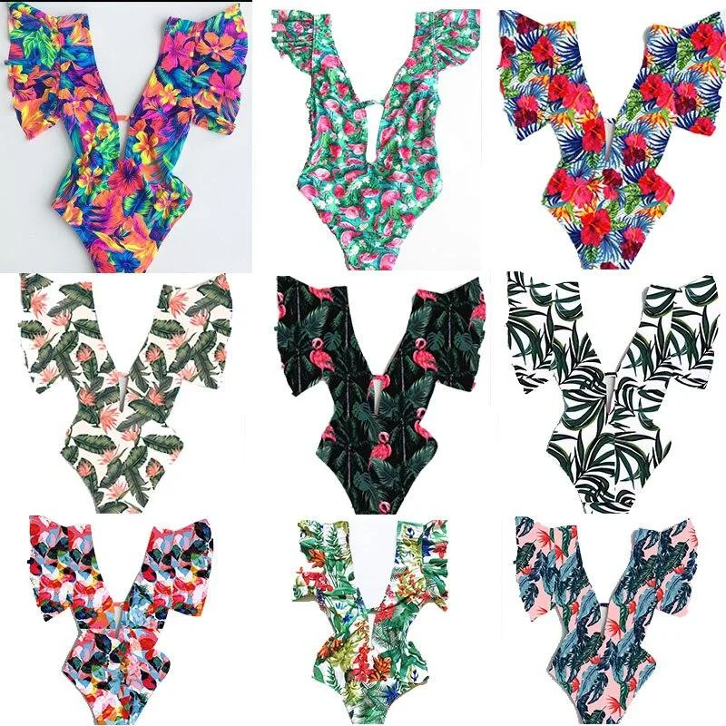 Sexy One Piece Swimwear Floral Deep-V Bathing Suit