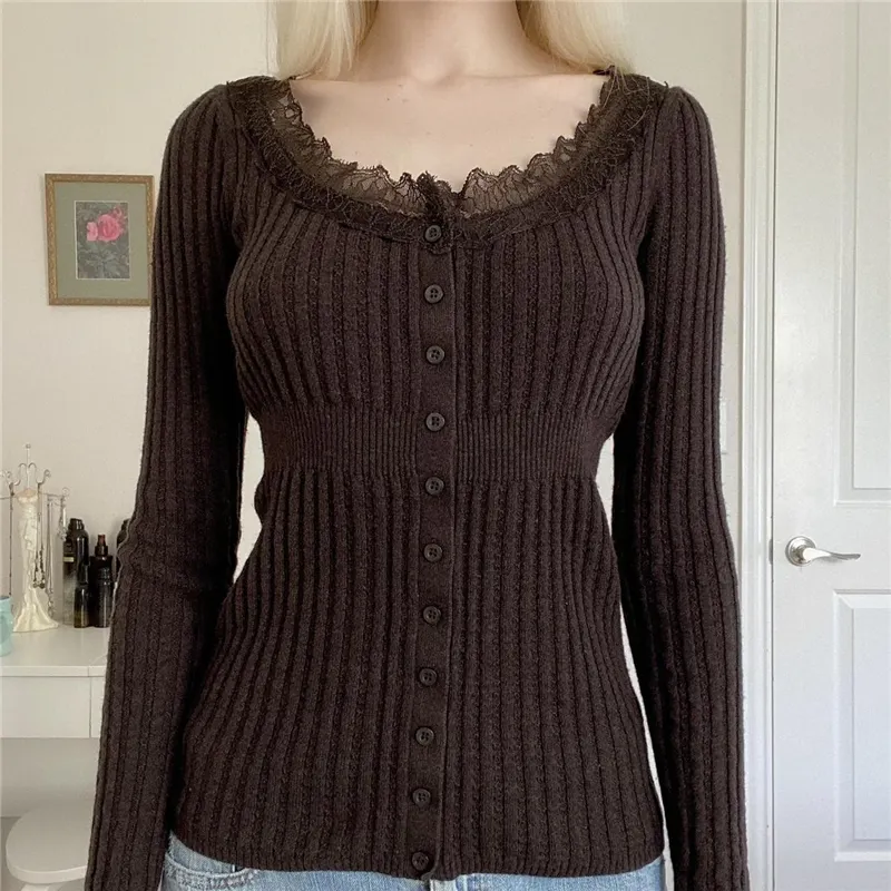 Uveng Vintage Sweaters y2k 2000s Women Lace Trim Button-up Knitted Long ...