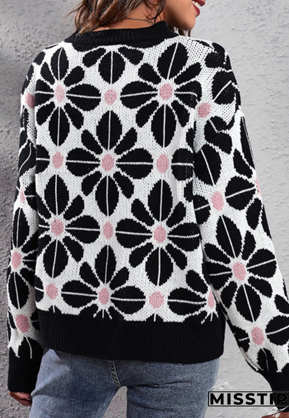 Geometric Floral Print Sweater - MissTip