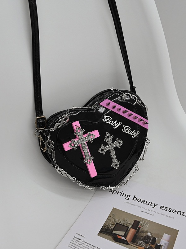 Gothic Dark Cross Rivets Heart-shaped Sling Bag