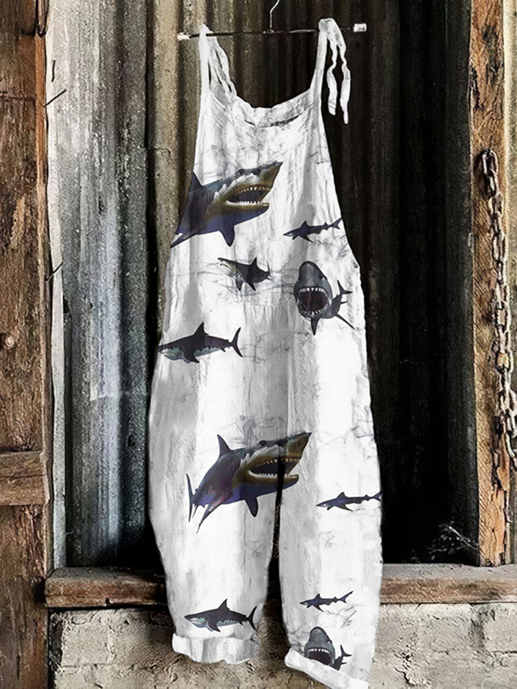 Vintage Fierce Shark Graphic Painting Art Loose Jumpsuit