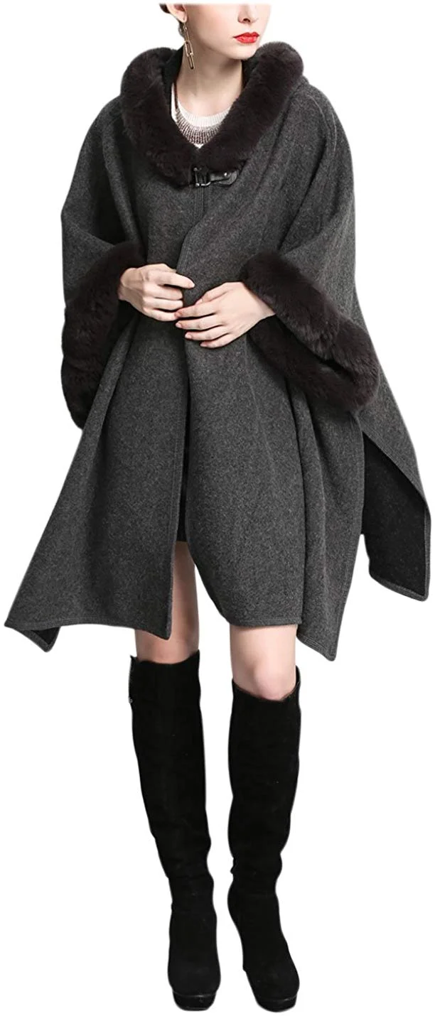 Women's Batwing Faux Fur Hooded Cloak Poncho Cape