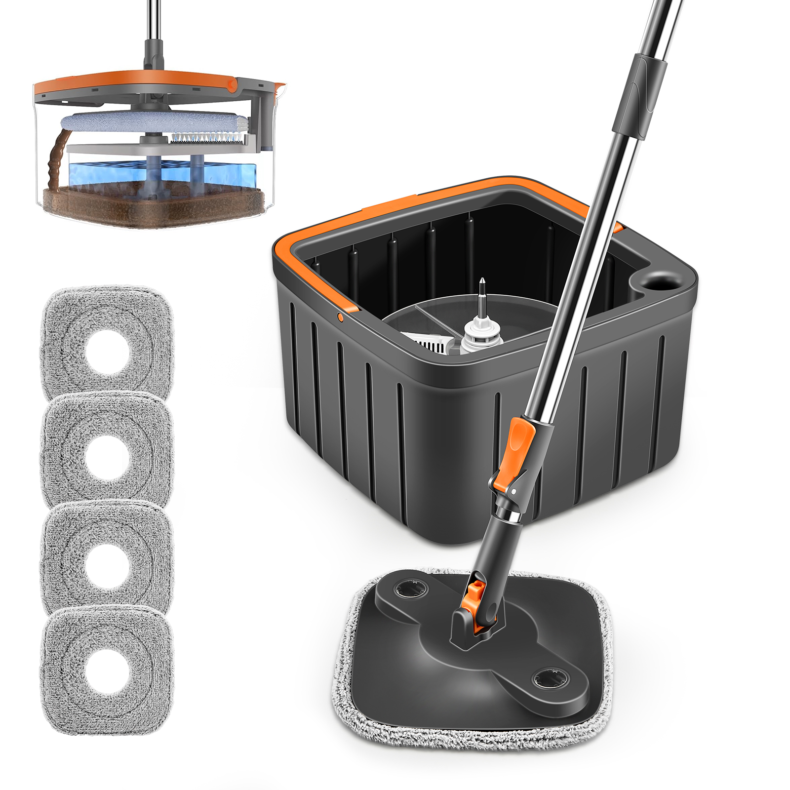 Saker Spin Mop and Bucket Set with Replaceable Microfiber Mop Pads