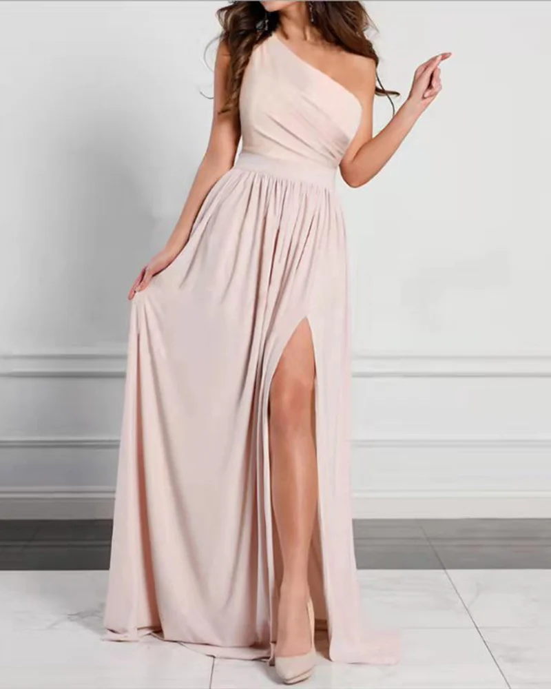 Slanted Shoulder Slit Dress