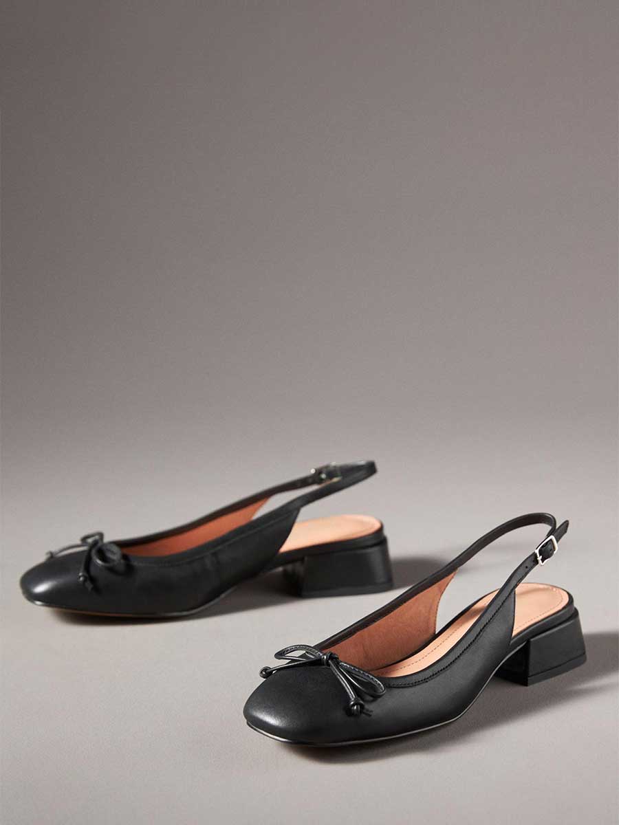 Black Square Toe Bow Embellished Low Block Heel Slingback Pumps