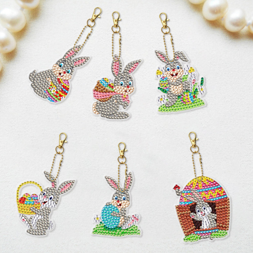 DIY Diamond Painting Leather Cord Keychain | Easter Rabbit | 6 Piece Set