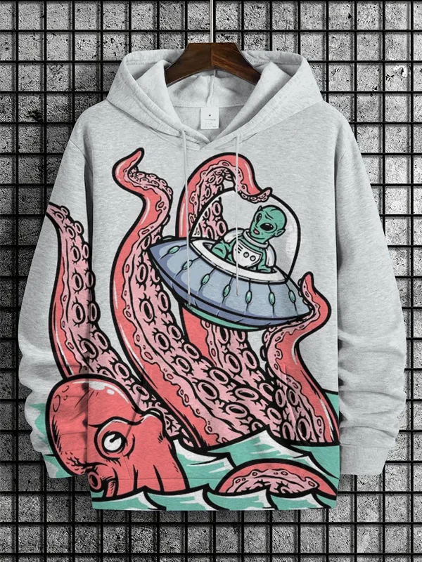 Men's Octopus Catches UFO Alien Art Print Hooded Sweatshirt