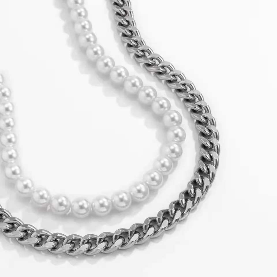 CHUNKY CHAIN PEARL DOUBLE LAYER NECKLACE
