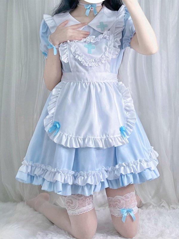 Lolita Bubble Sleeve Peter Pan Collar Cross Bowknot Ruffled Mini Dress