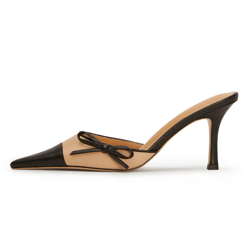Black & Beige Two-Tone Pointed Toe Bow Embellished High Heel Mules