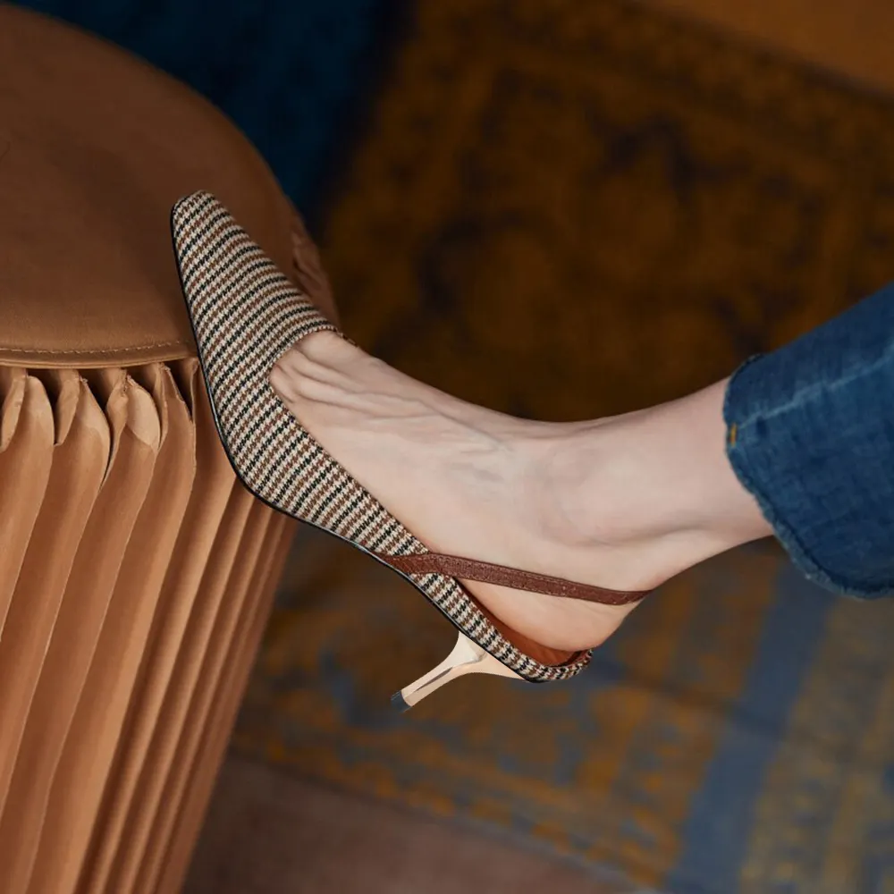 Brown Houndstooth Square Toe Kitten Heel Vintage Slingback Pumps