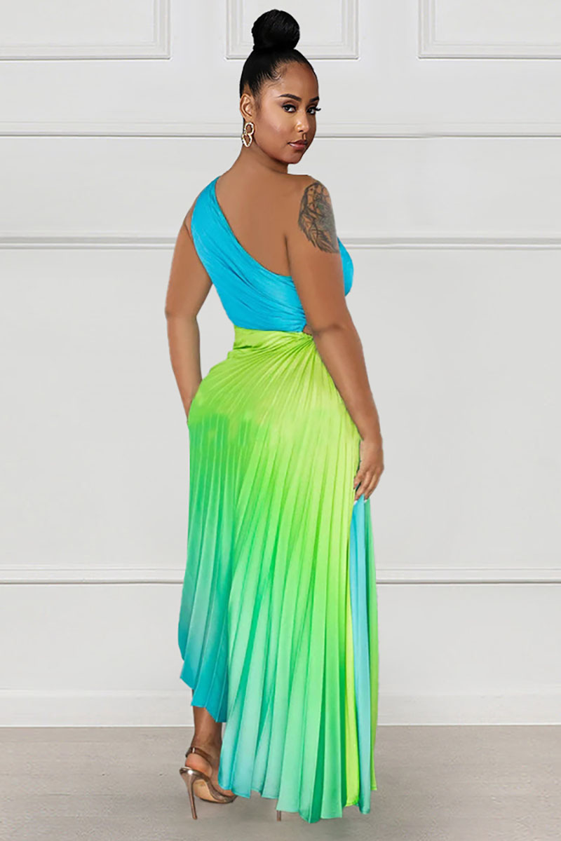 Fading Color One Shoulder Sleeveless Asymmetric Pleated Hem Vacation ...