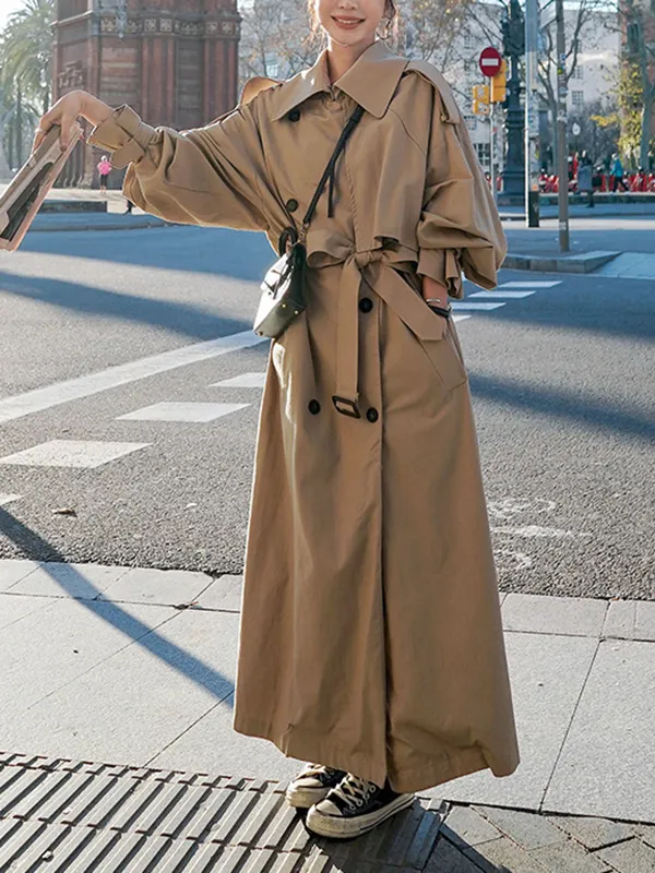 Buckle-Embellished Trench Coat with Split-Back and Lapel Collar