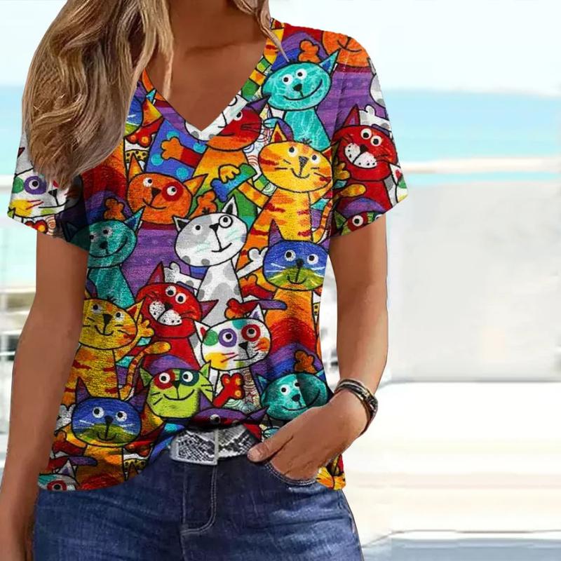 Creative Colorful Cat Print T-Shirt - Ladylim