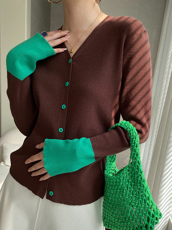 Chic Brown V-Neck Buttoned Contrast Color Flared Long Sleeve Cardigan