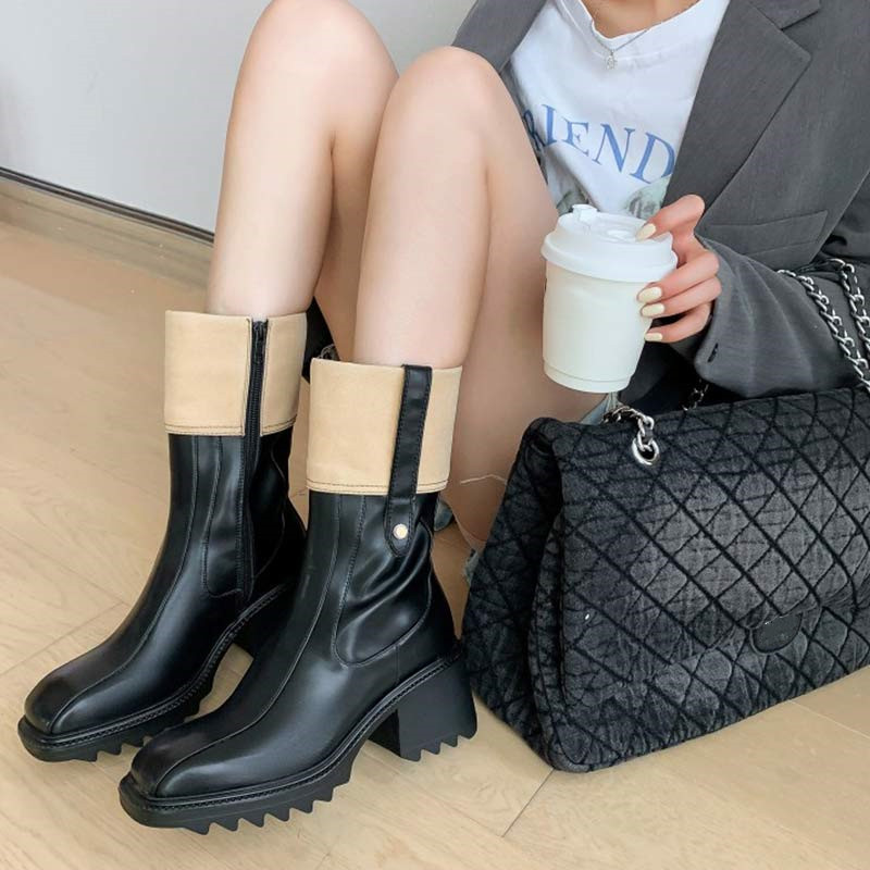 FineGina Pure Color Splice Slip-On Platform Boots