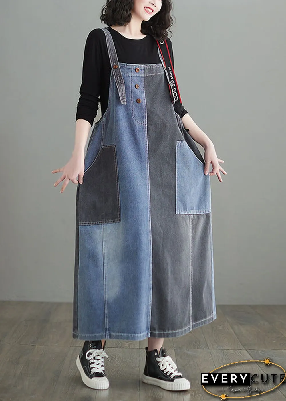 Modern Colorblock Oversized Patchwork Pockets Denim Strap Dress Summer