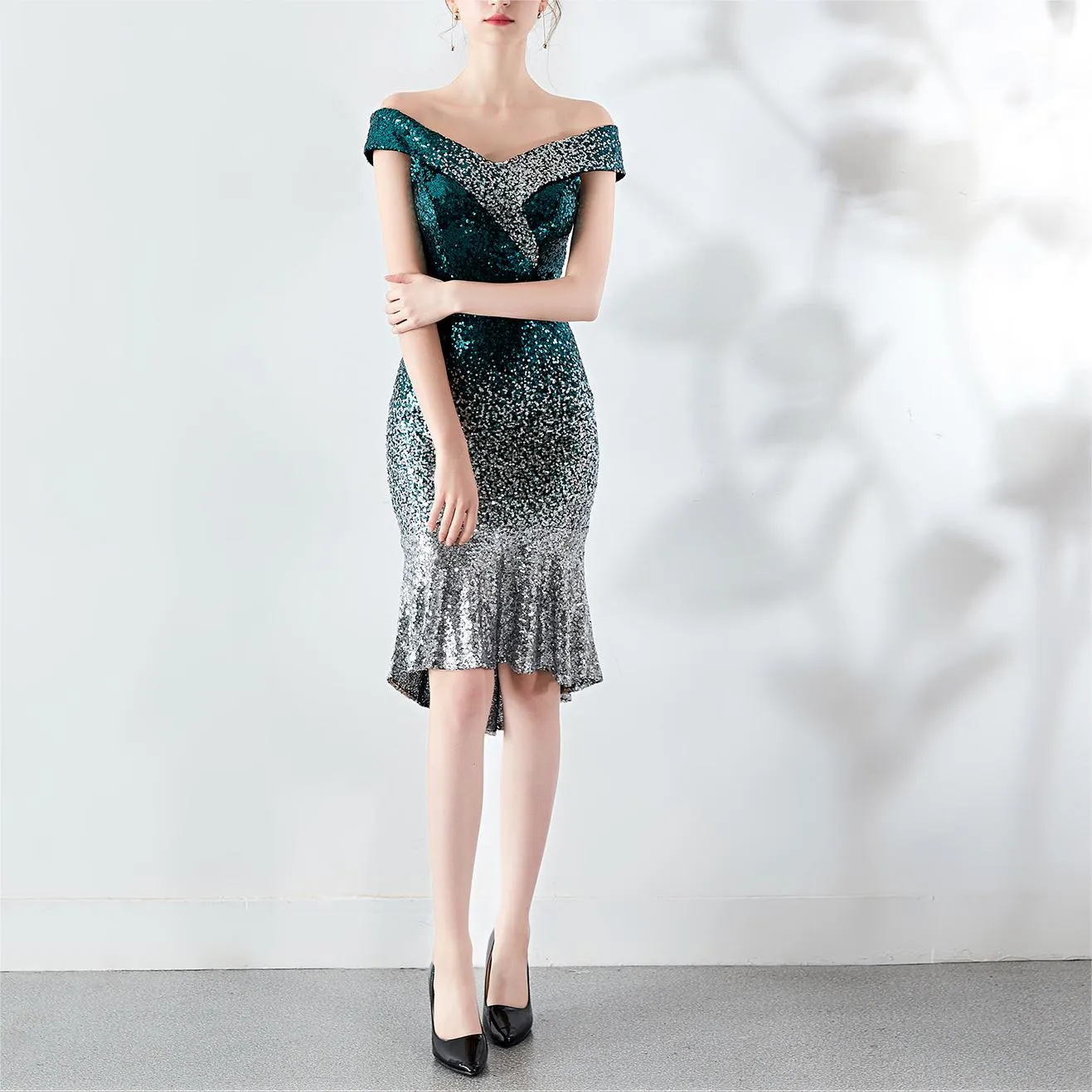 Wrapped Chest See through Gradient Sequin Sheath Dress Wedding Cocktail ...