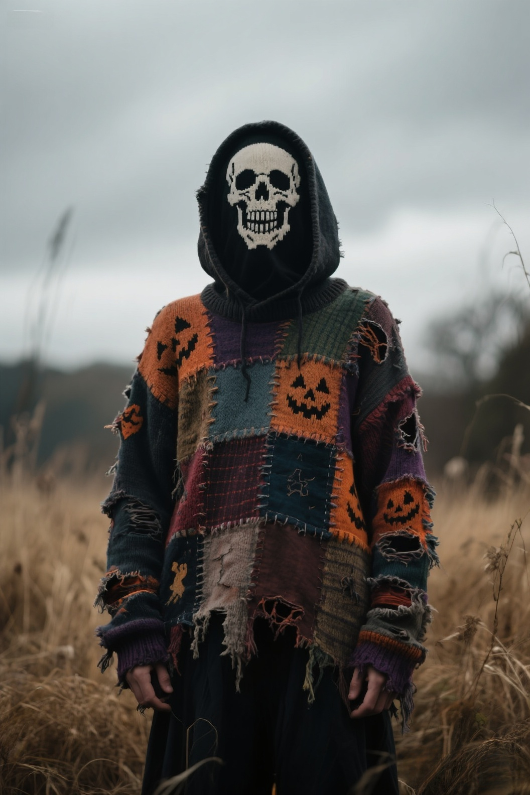 Vintage Patchwork Halloween Pumpkin Face Art Cozy Knit Hooded Sweater