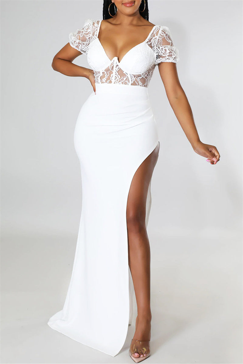 Sexy Solid Split Joint See-through Backless Slit V Neck Evening Dress