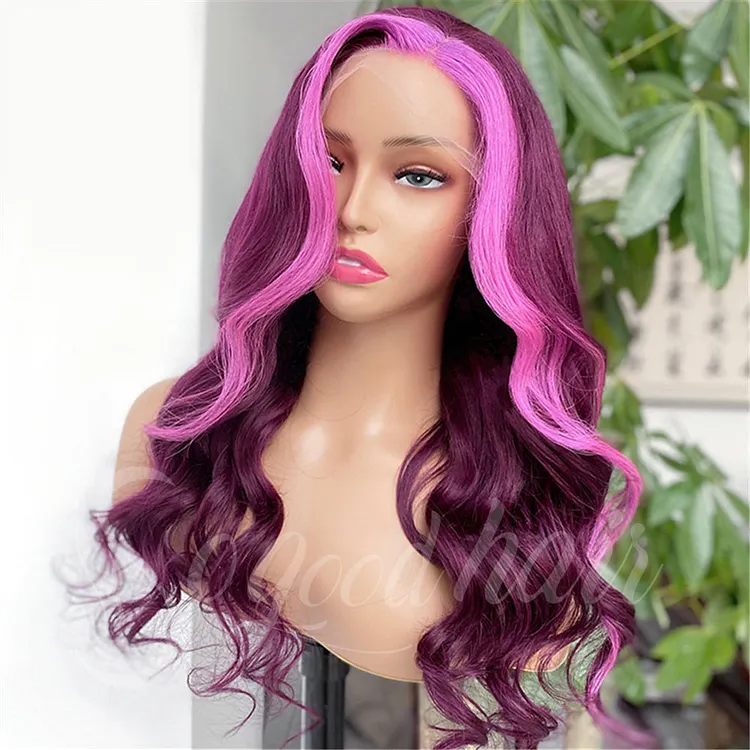 Side Part Highlight Pink Purple Body Wave Transparent Lace Front Wig