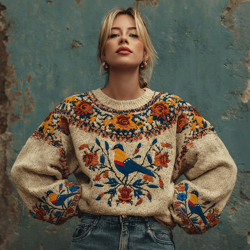 Retro Venezuelan Troupial And Floral Cozy Knit Sweater
