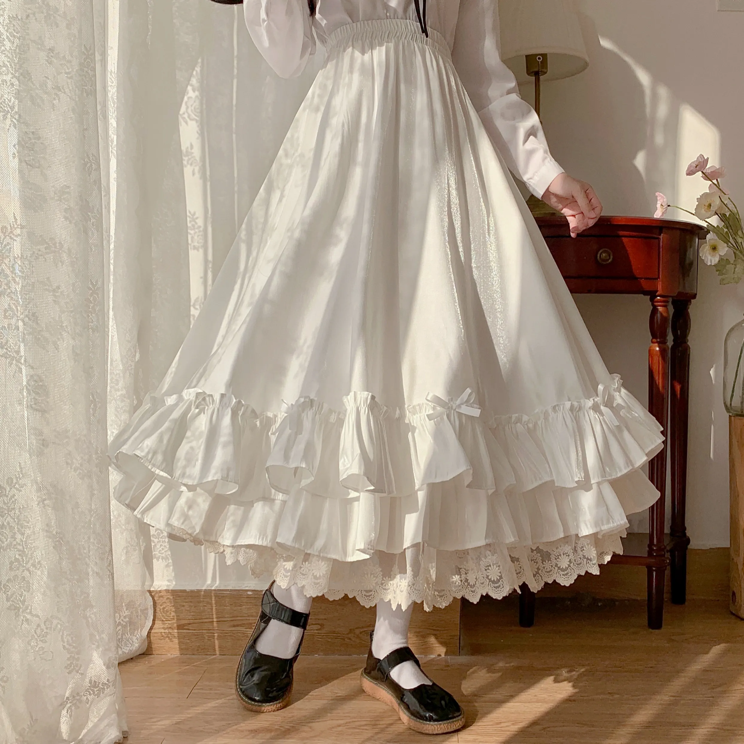 DOUBLE LAYERED RUFFLE MIDI SKIRT