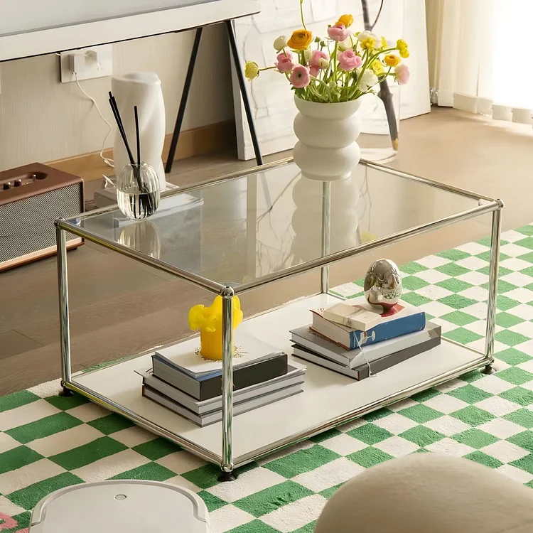 Rectangle Glass Coffee Table Stainless Steel Frame Cocktail Table
