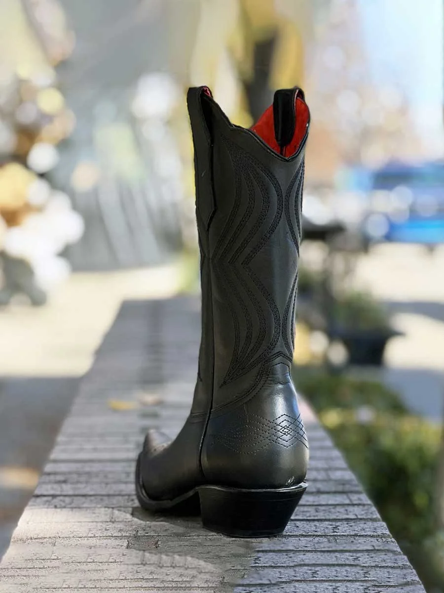 Black Vegan Leather Mid-Calf Embroidered Block Heeled Cowgirl Boots