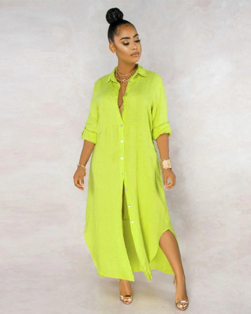 Solid Color Buttons Down Side Slit Shirts Maxi Dresses