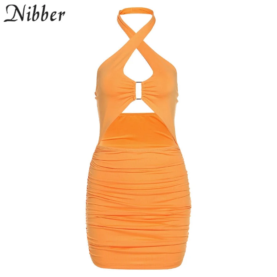Nibber Summer Low Cut Halter Neck Bag Hip Dress Sleeveless Open Waist