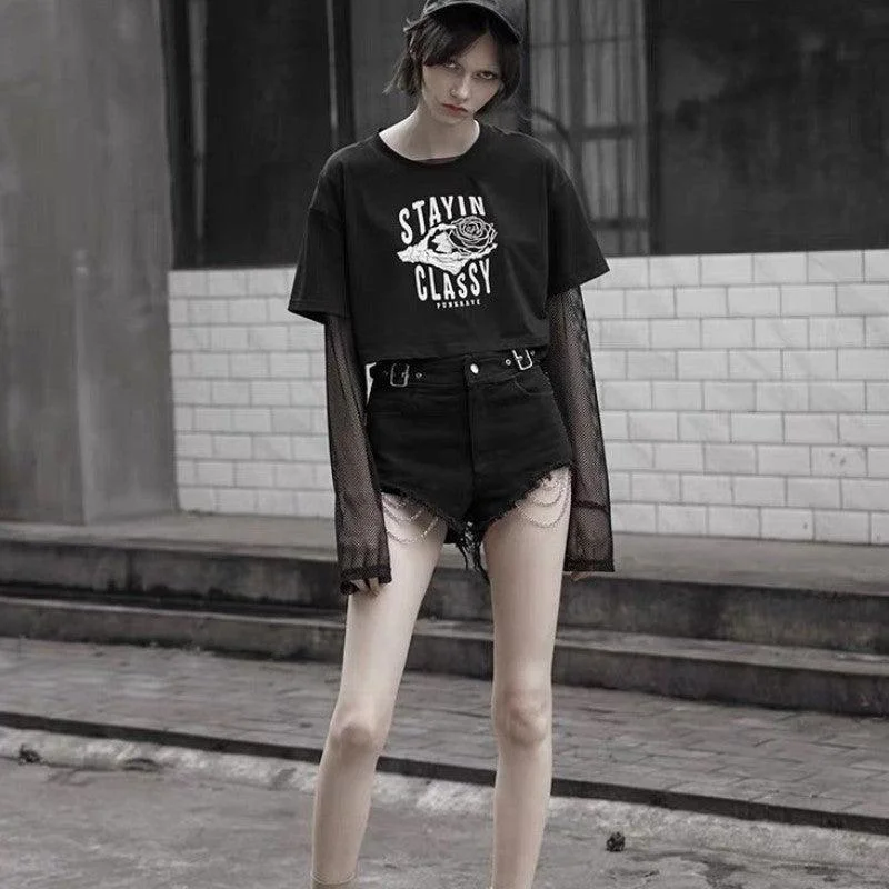 Goth Ripped Denim Shorts With Metal Chains - GothBB 2022 free shipping ...