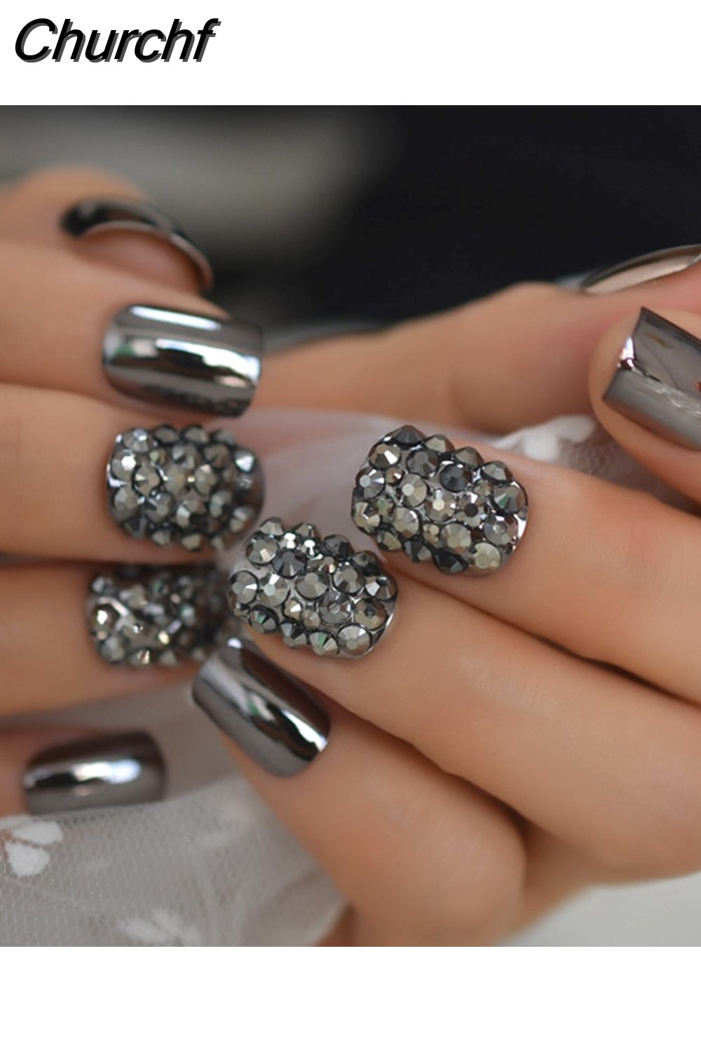 Churchf Diamond Rhinestone With Short Nail Squoval Black Mixed Nail ...