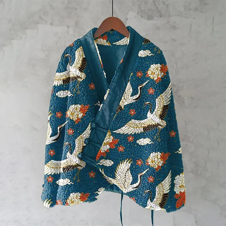 Vintage Japanese Crane Art Plush Kimono Cardigan