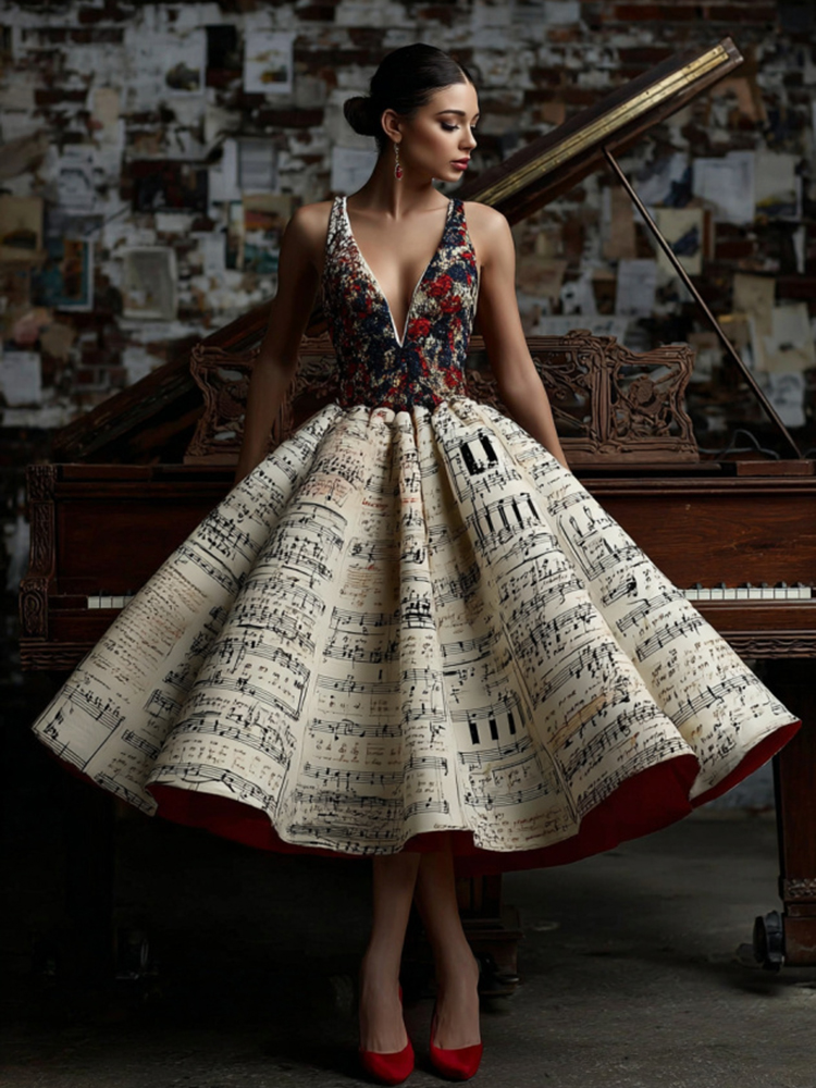 Vintage Sequin Music Notes And Floral Art Midi Dress