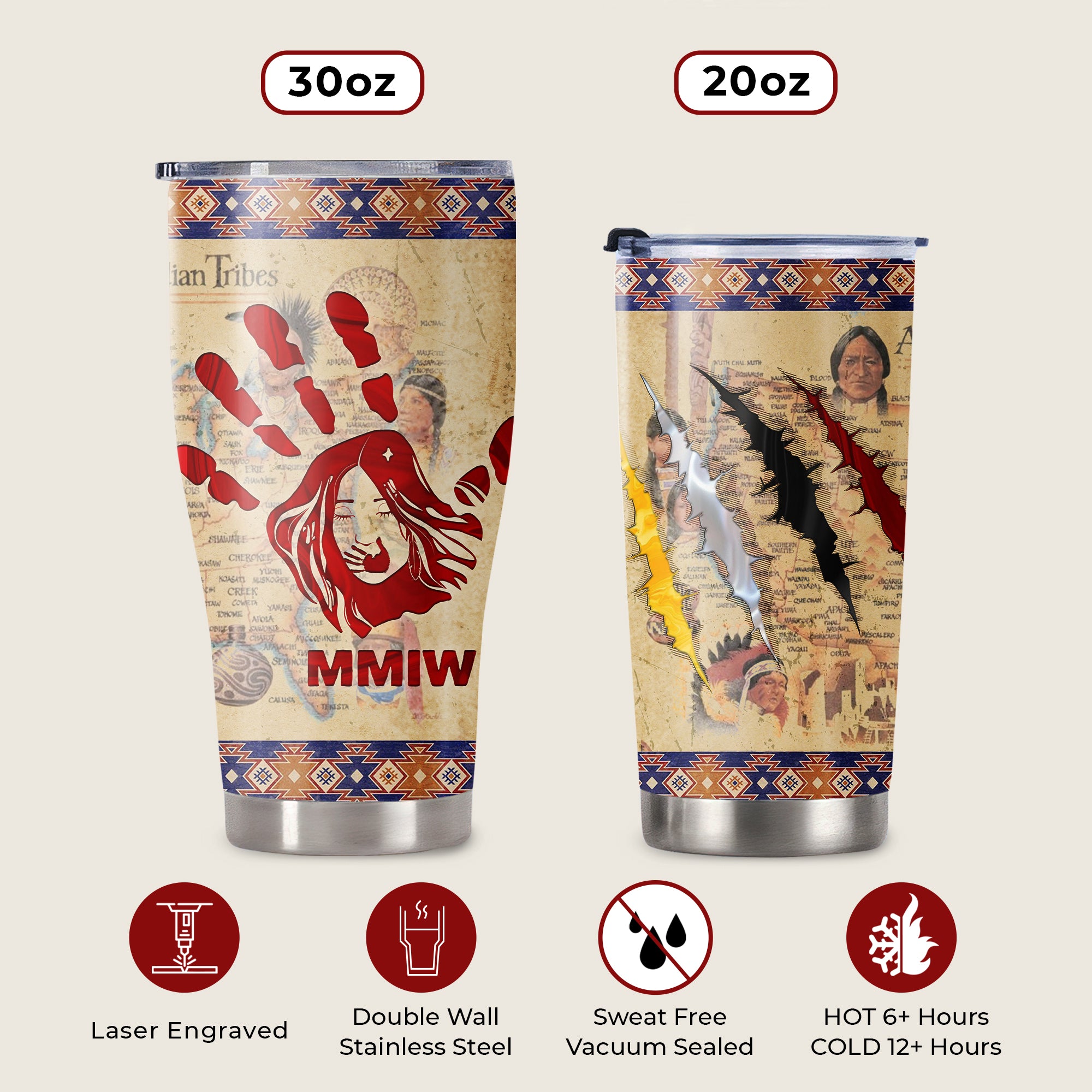 MMIW Red Hand and Maps Native American Tumbler Stainless Steel Drinking Cup
