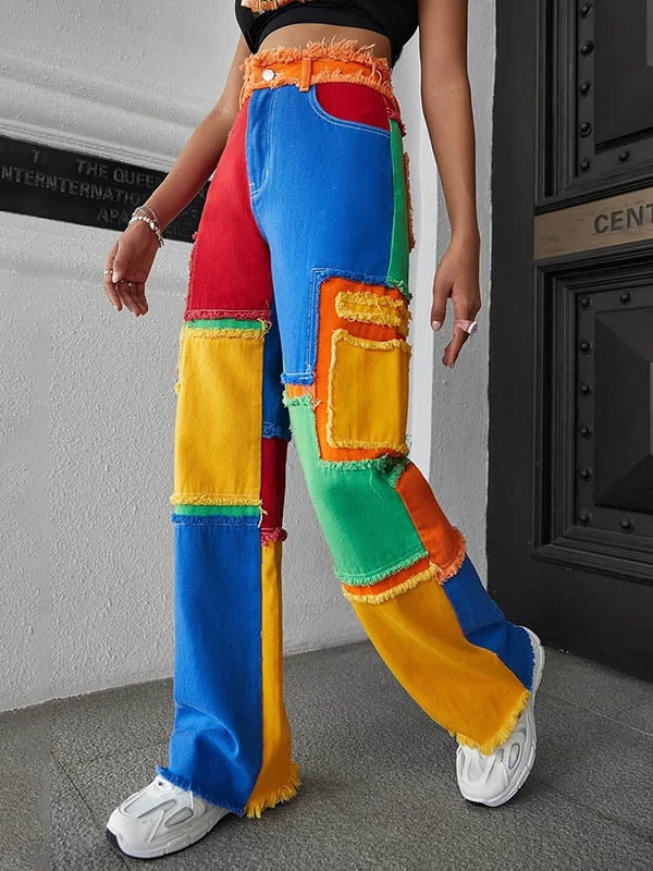 Design High Waisted Buttoned Color Blocks Fringed Straight Pants