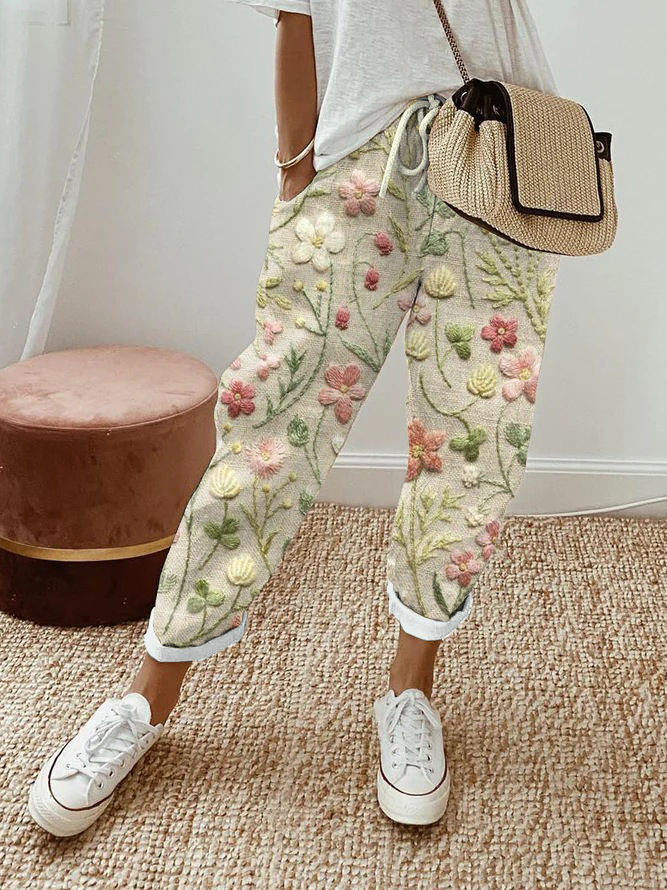 Women's Casual Floral Embroidered Print Pants