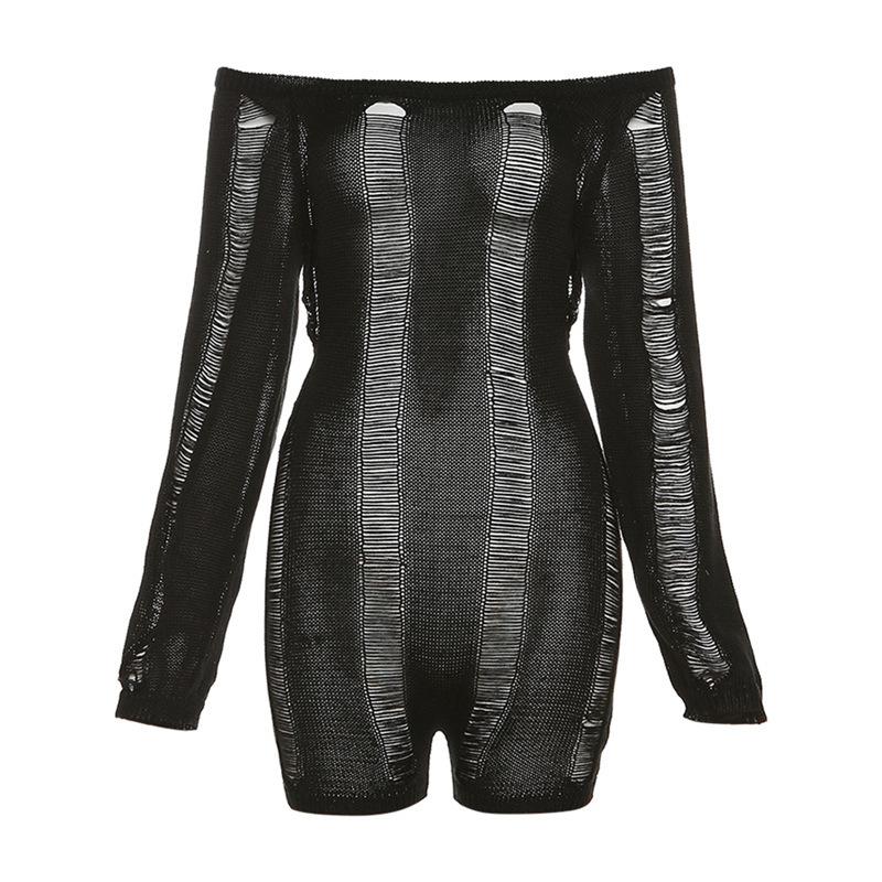 Long sleeve hollow out crochet off shoulder self tie backless romper ...